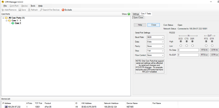 Tunnel Testing one (1) NET485 Device with CPR Manager – Grid Connect